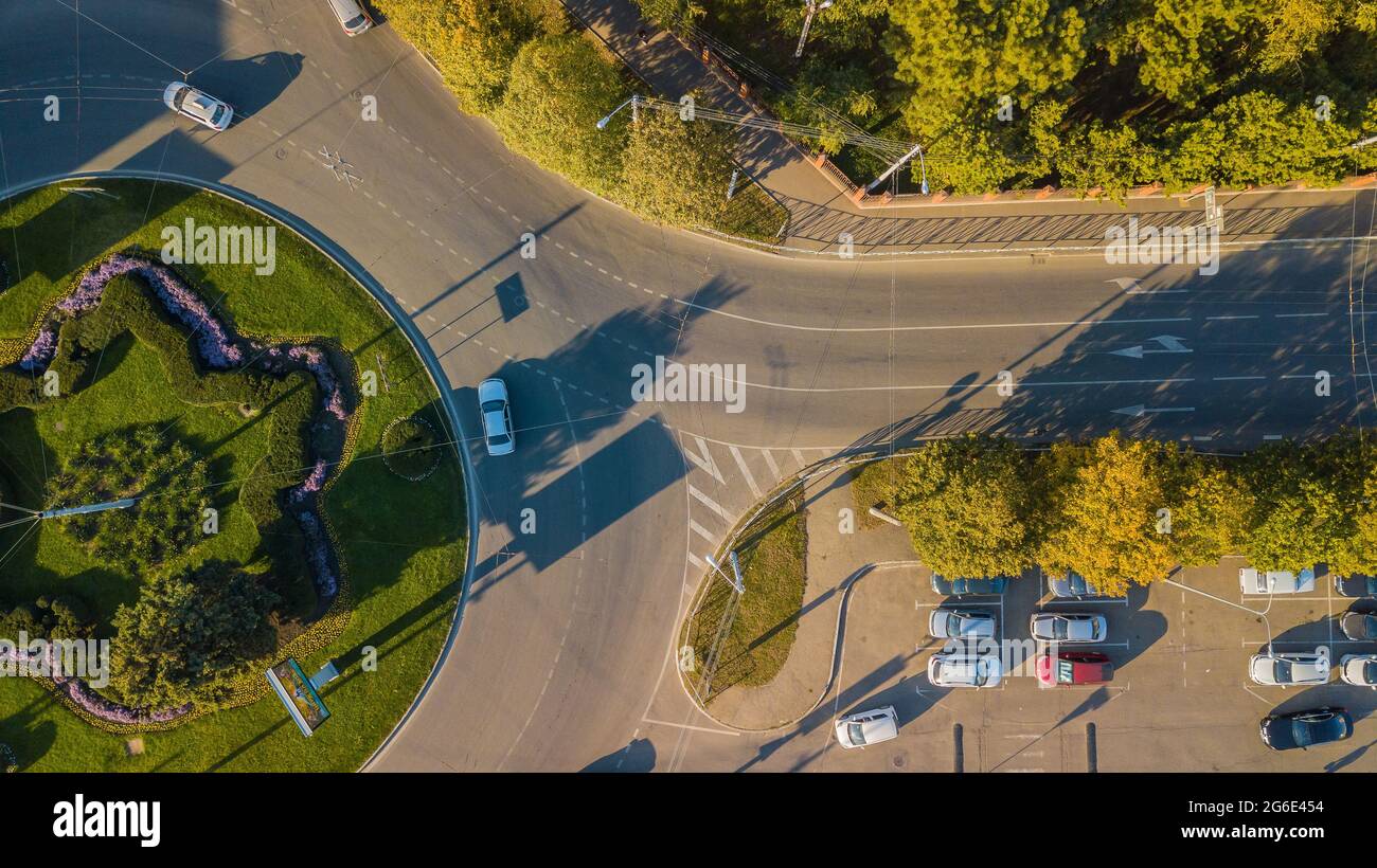 Aerial top view of road junction from above, automobile traffic and jam ...