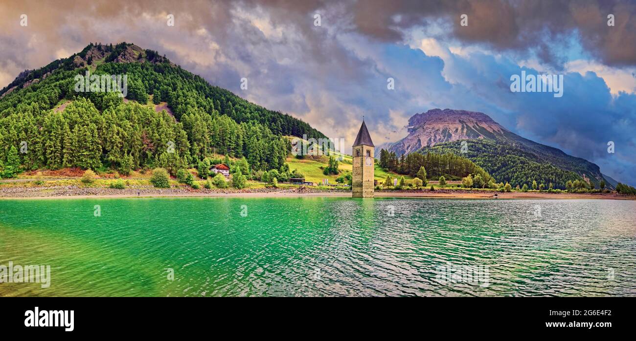 Church tower in Lake Reschen, Graun, Reschen, Trentino-Alto Adige ...