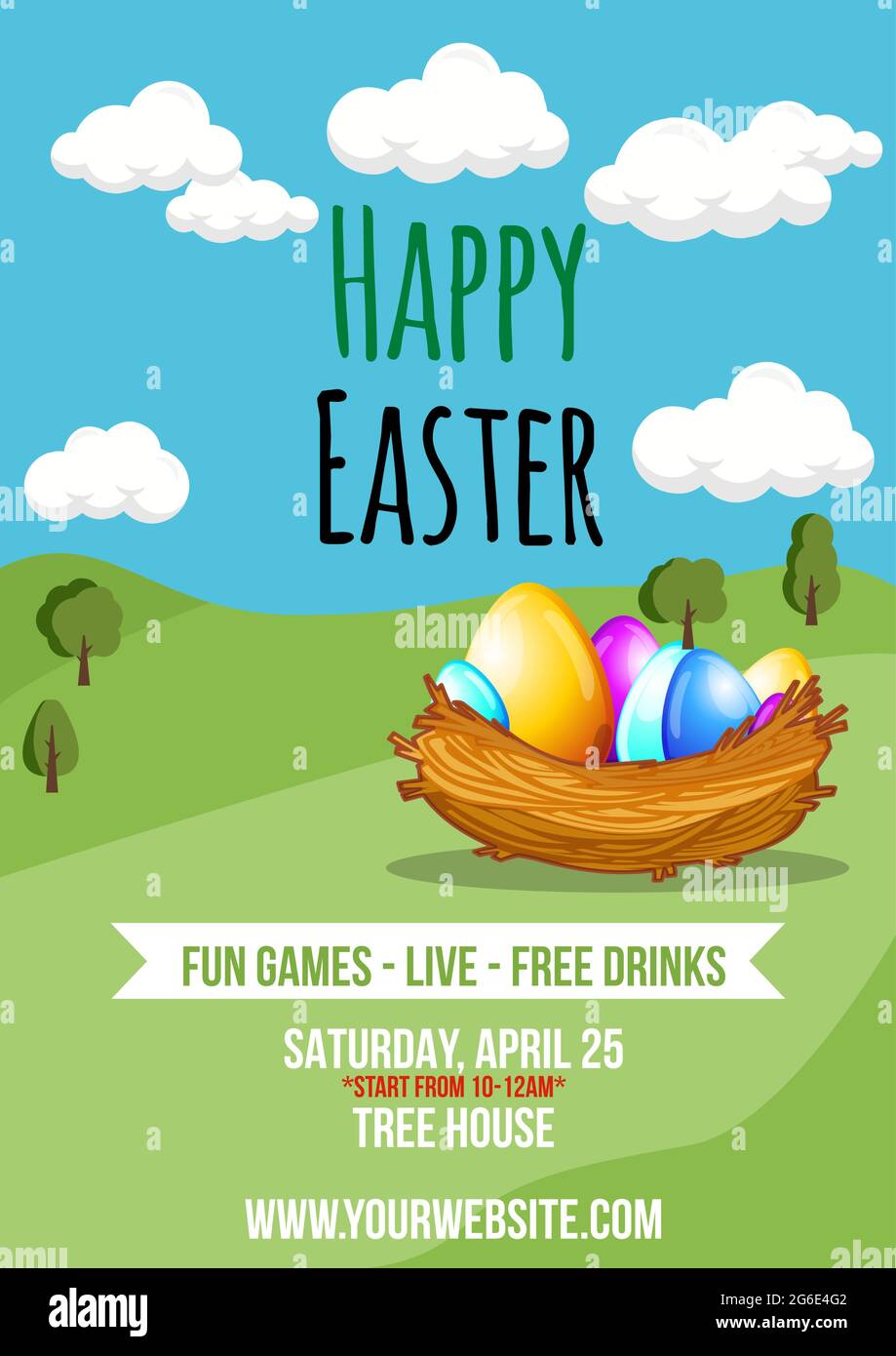 Happy Easter template for flyer, poster, banner with eggs in basket and ...