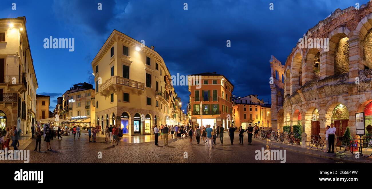 Piazza Bra with Roman amphitheatres Arena di Verona in the evening ...