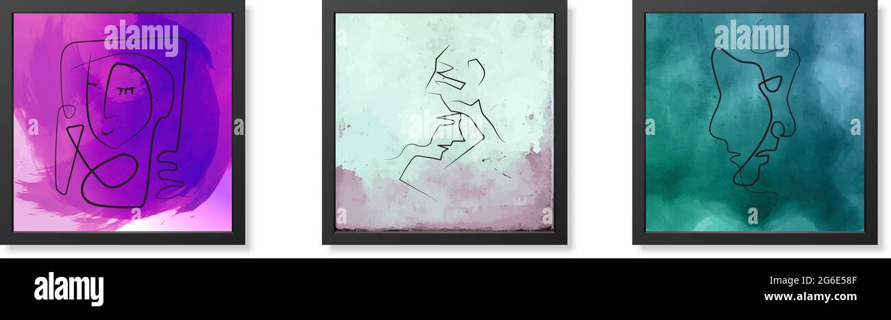 Three face line posters on watercolor background minimalist design ...