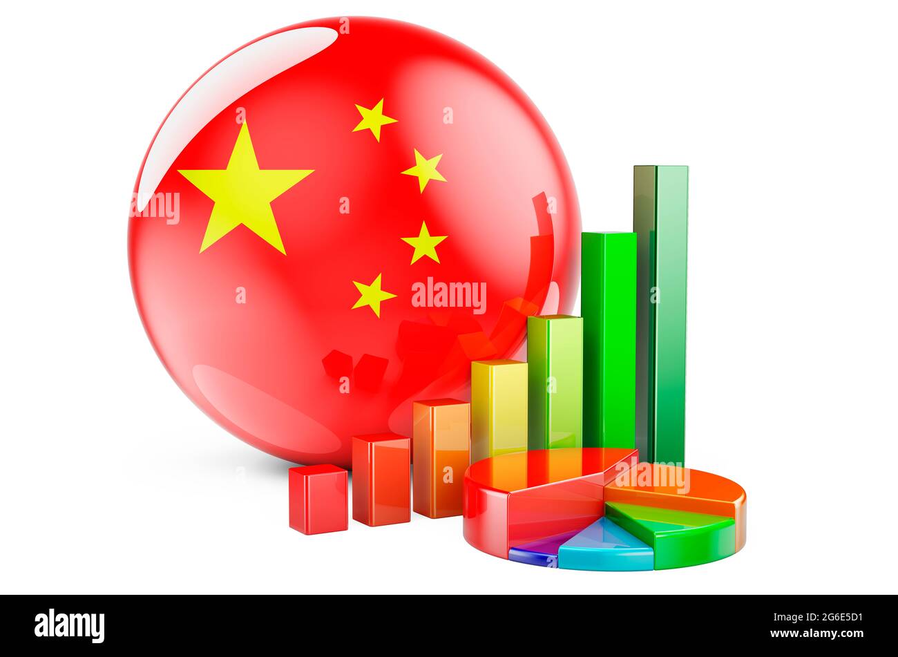 Chinese flag with growth bar graph and pie chart. Business, finance ...
