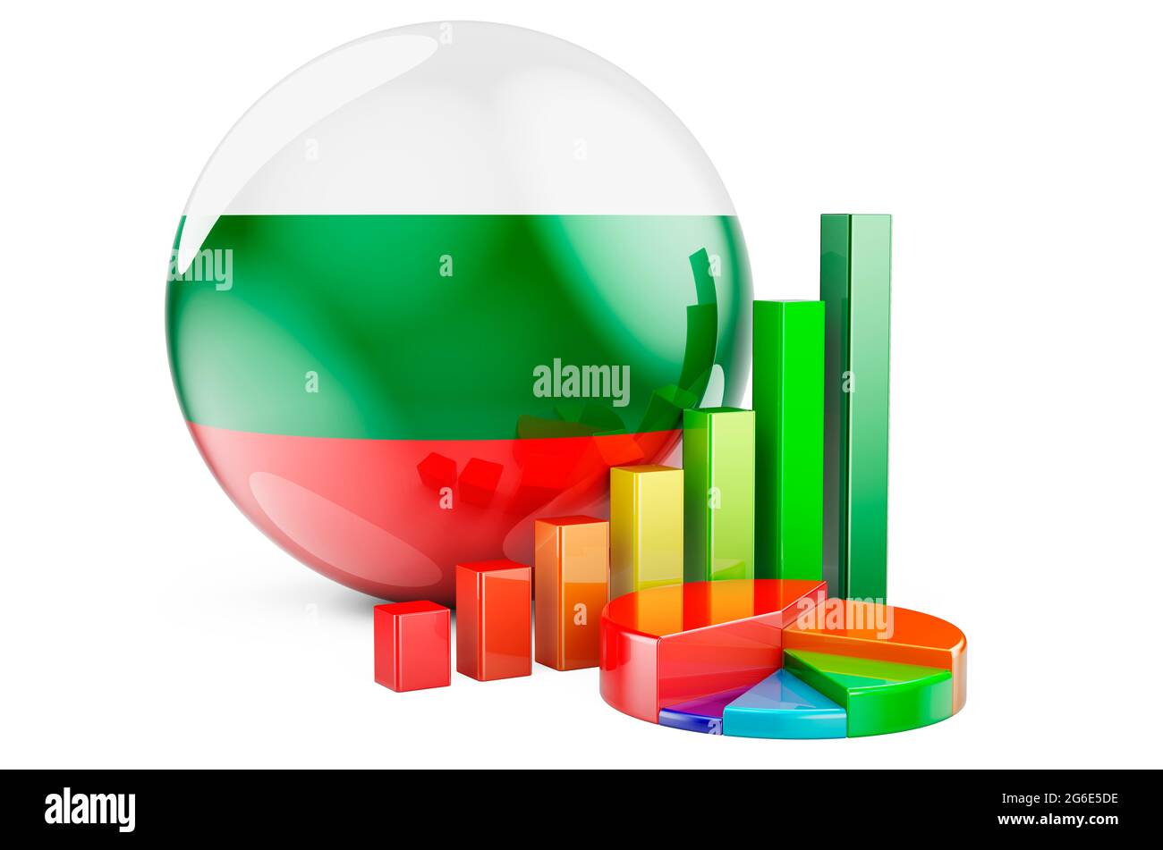 Bulgarian flag with growth bar graph and pie chart. Business, finance, economic statistics in ...