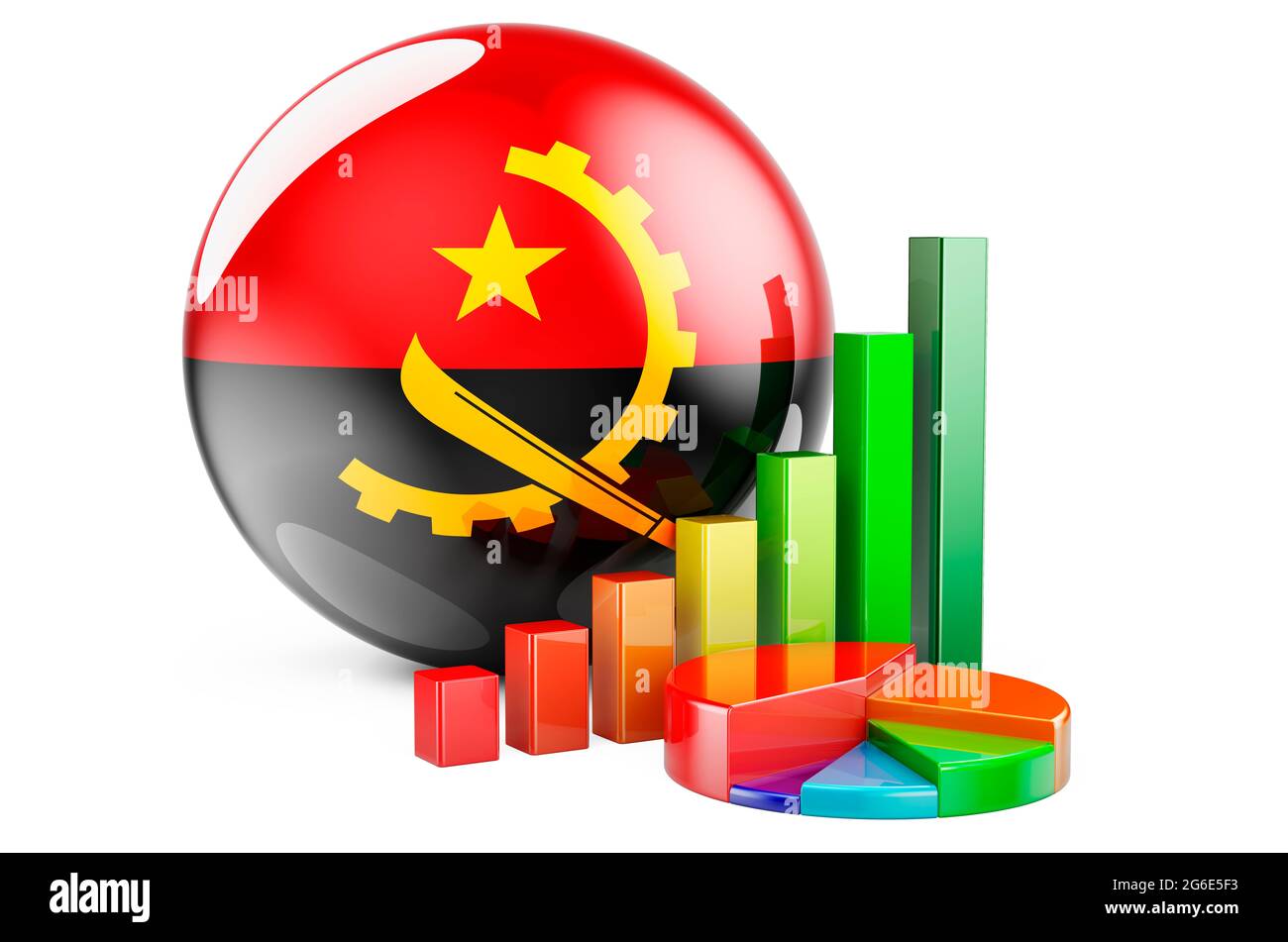 Angolan flag with growth bar graph and pie chart. Business, finance ...