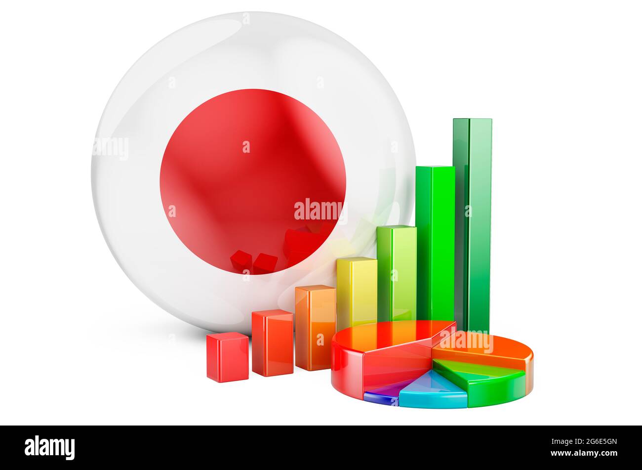Japanese flag with growth bar graph and pie chart. Business, finance ...