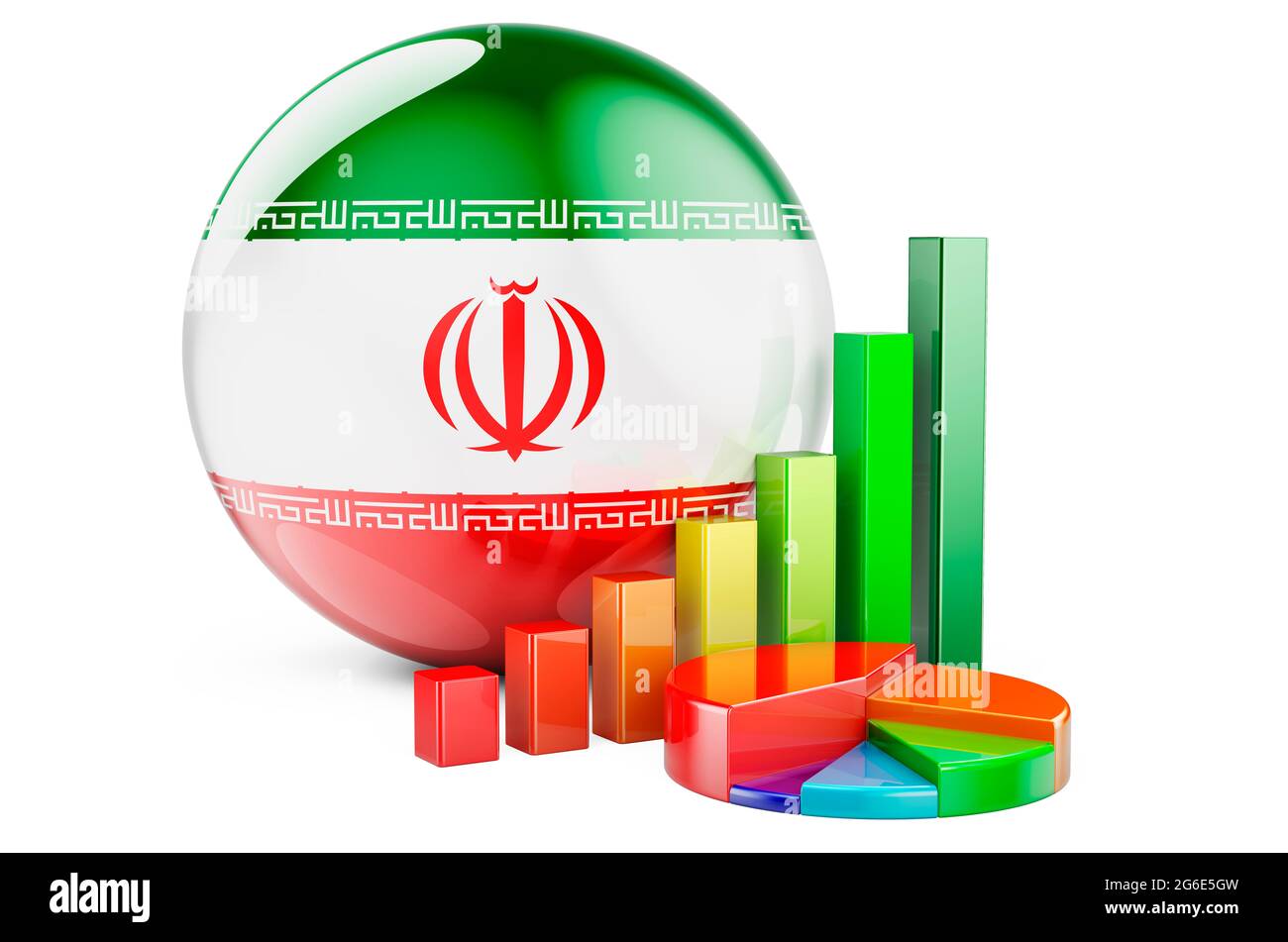 Iranian flag with growth bar graph and pie chart. Business, finance ...