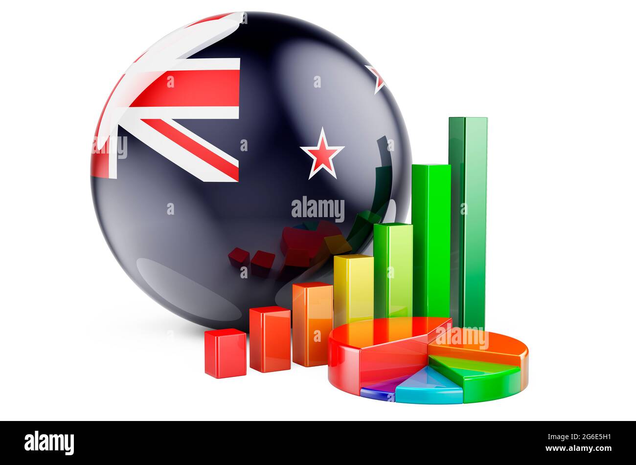 New Zealand flag with growth bar graph and pie chart. Business, finance ...