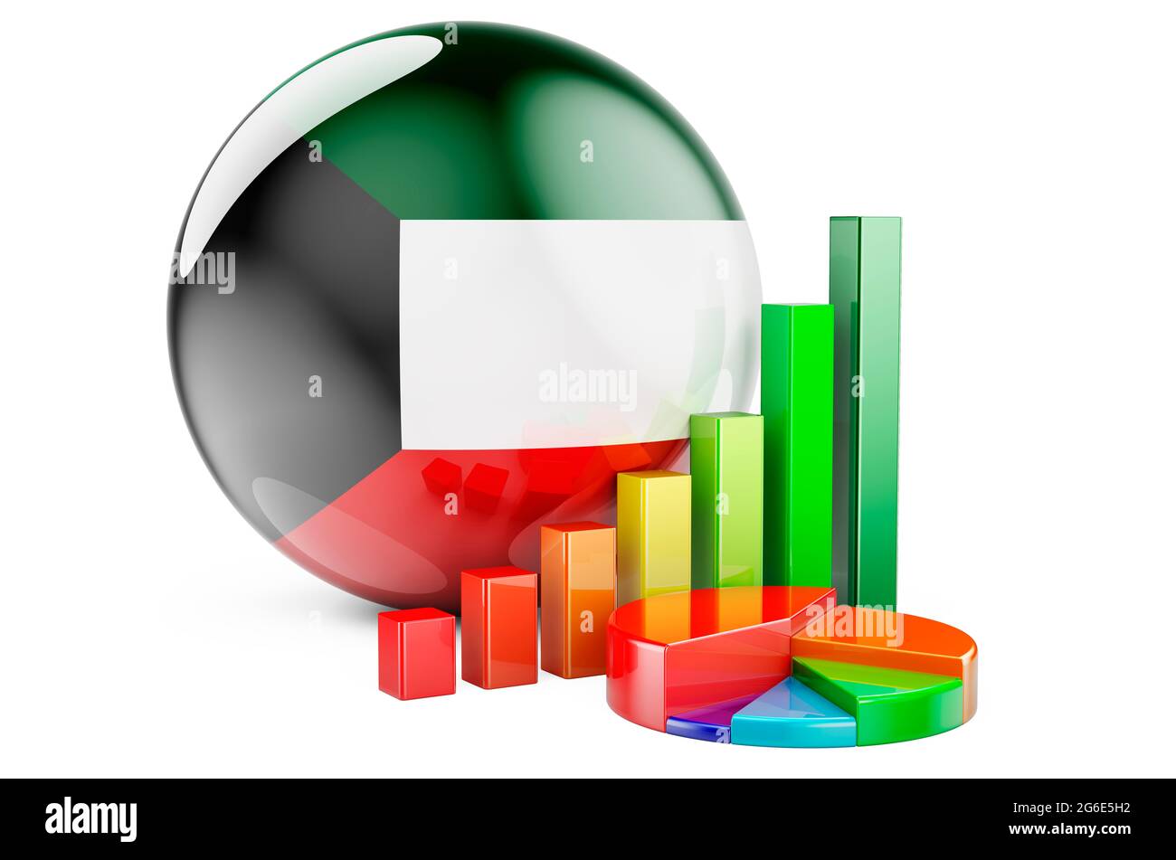 Kuwaiti flag with growth bar graph and pie chart. Business, finance ...