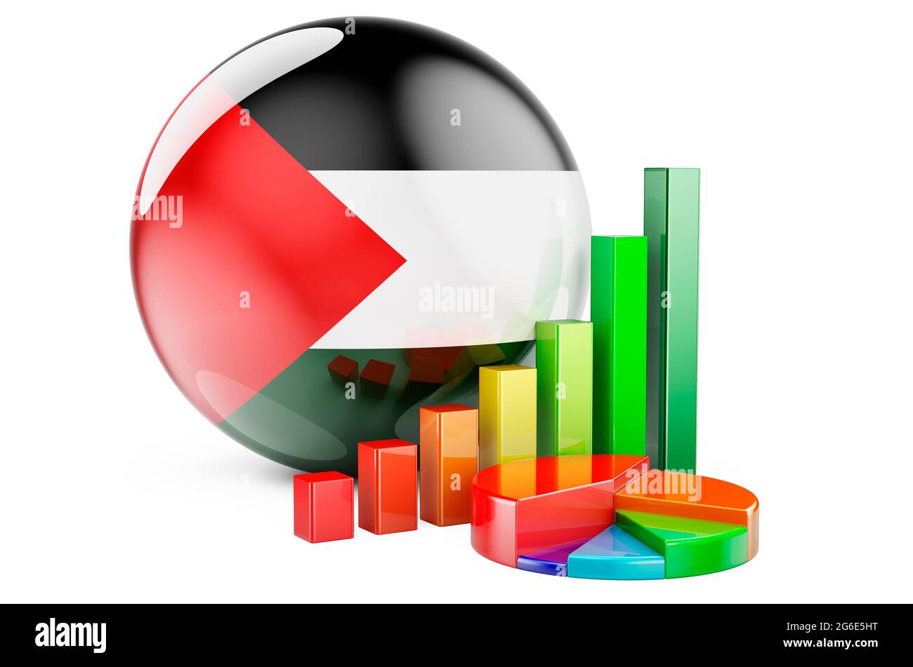 Palestinian flag with growth bar graph and pie chart. Business, finance ...