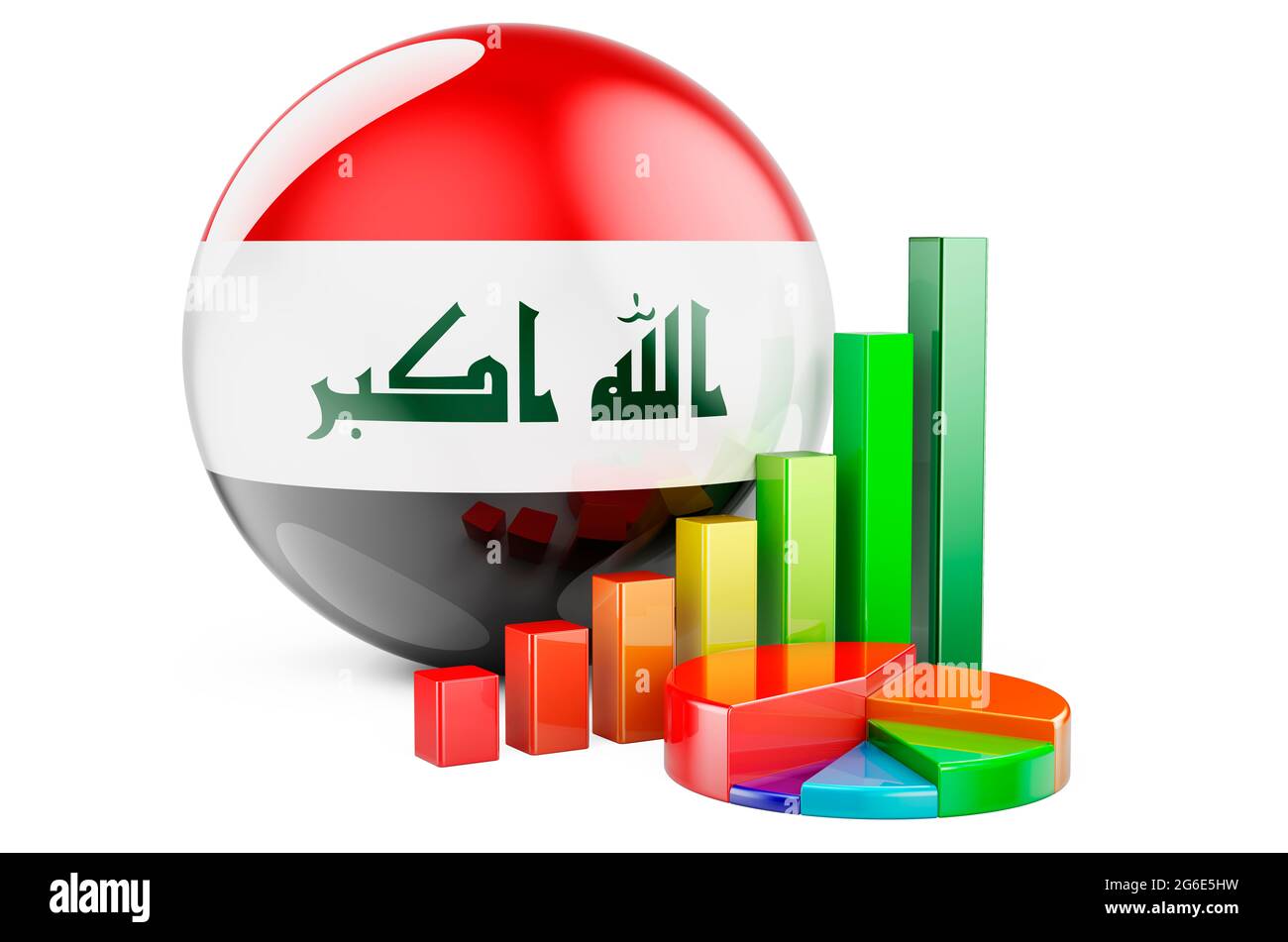 Iraqi flag with growth bar graph and pie chart. Business, finance ...