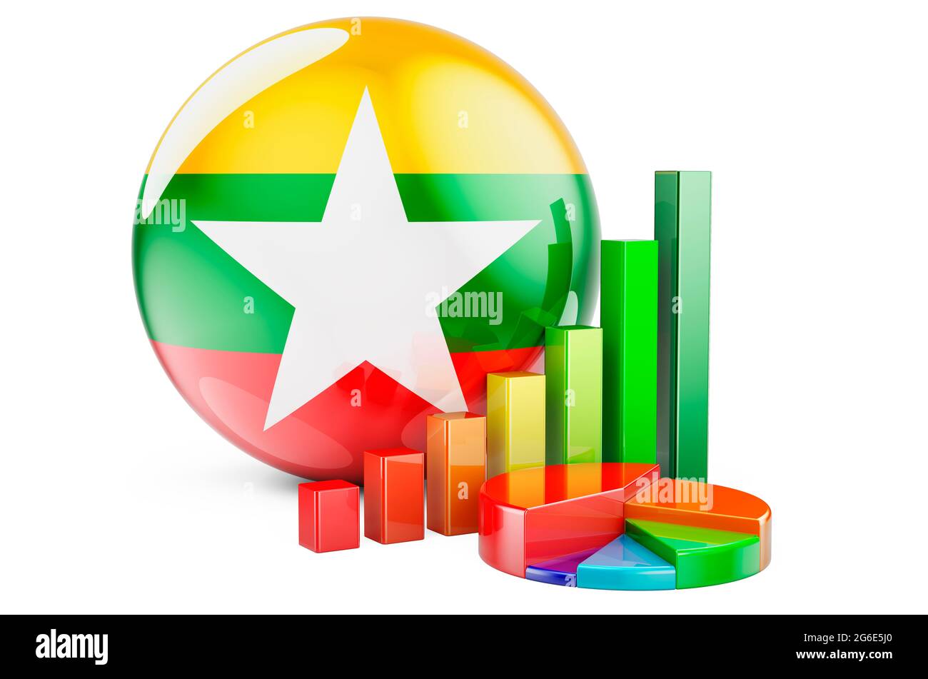 Myanmar flag with growth bar graph and pie chart. Business, finance ...