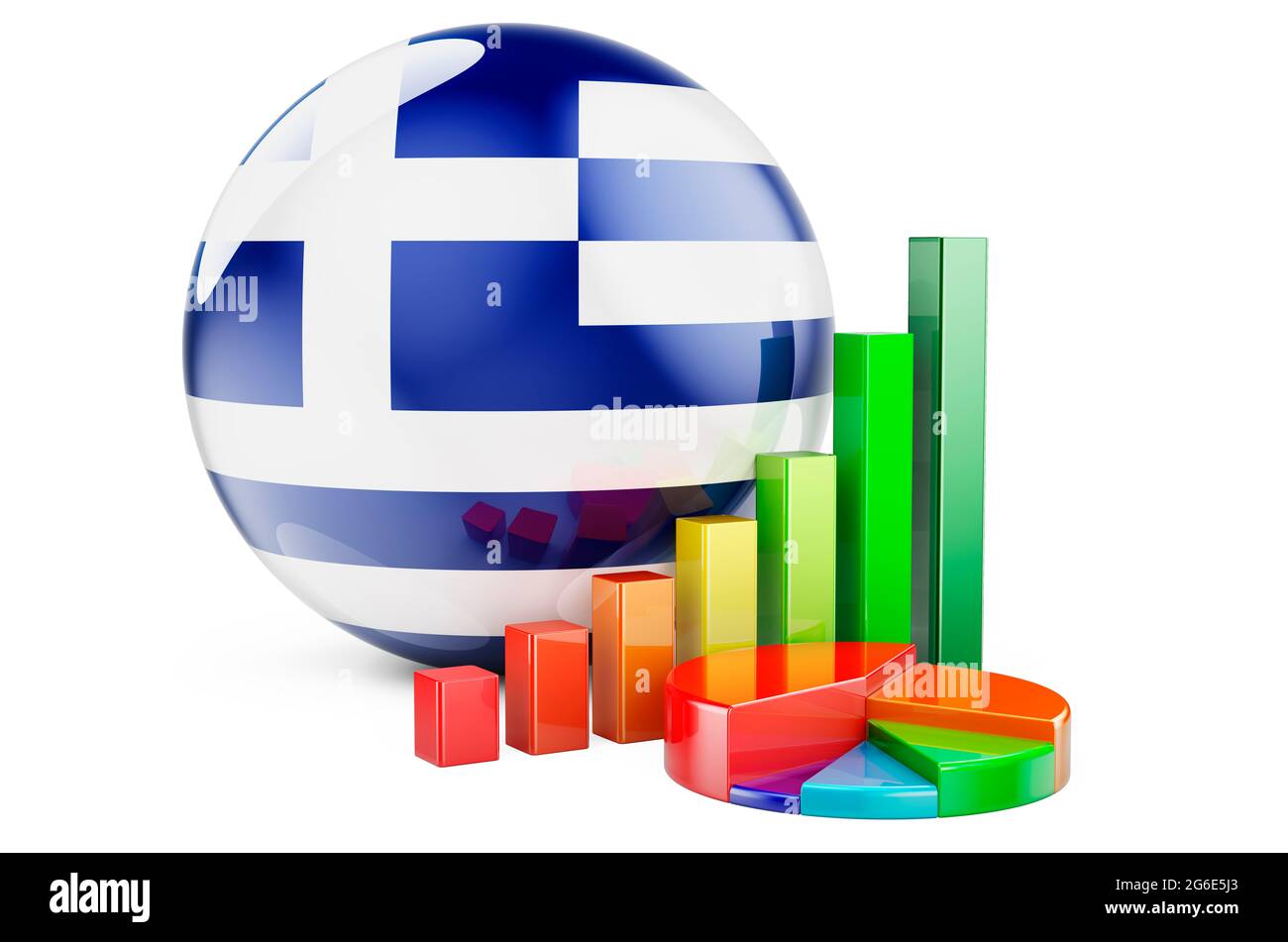 Greek flag with growth bar graph and pie chart. Business, finance ...