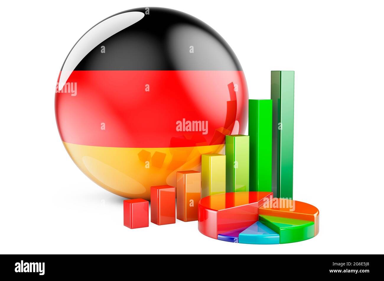German flag with growth bar graph and pie chart. Business, finance ...
