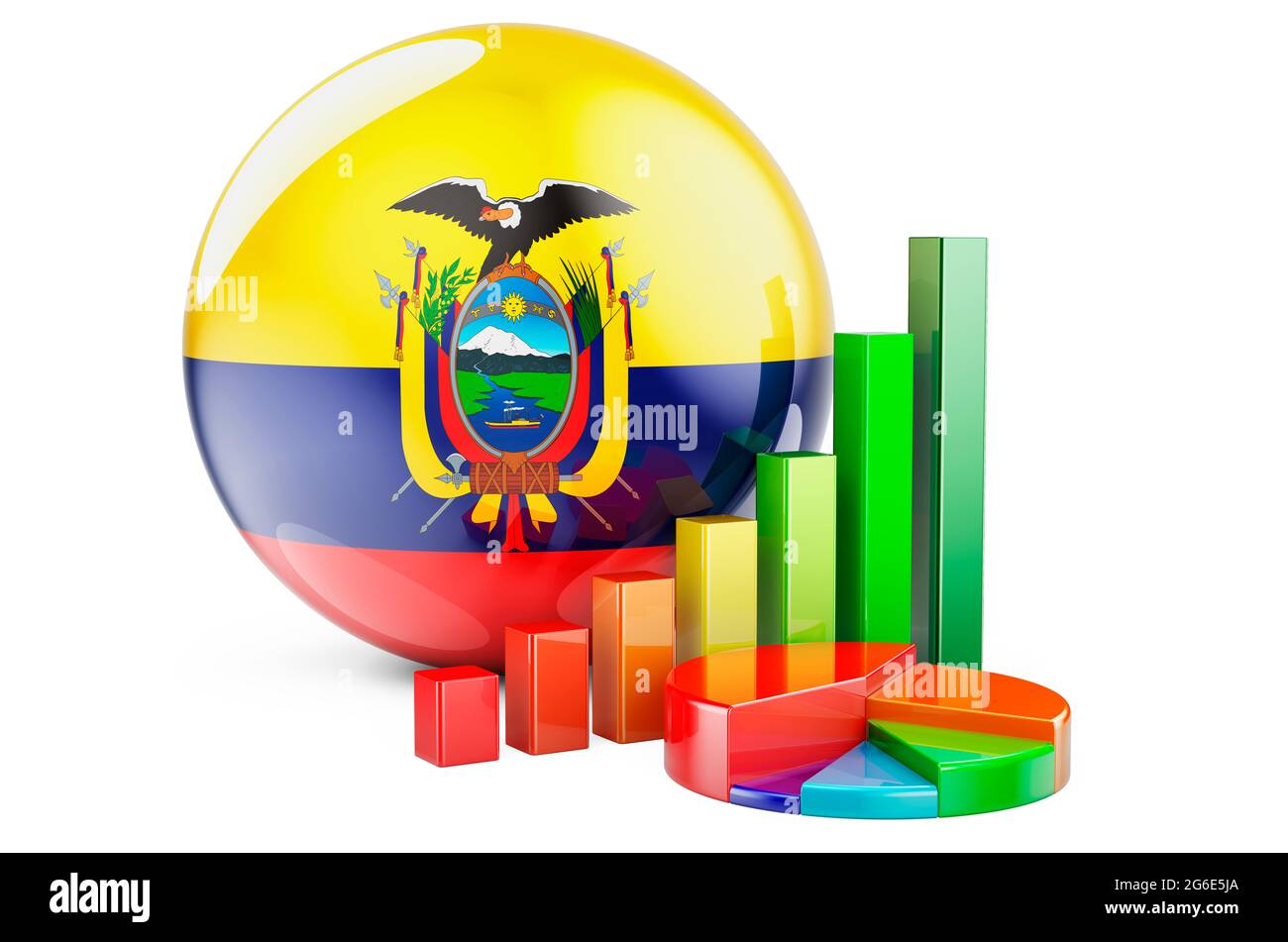 Ecuadorian flag with growth bar graph and pie chart. Business, finance ...