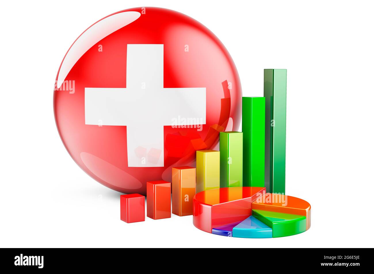 Swiss flag with growth bar graph and pie chart. Business, finance ...