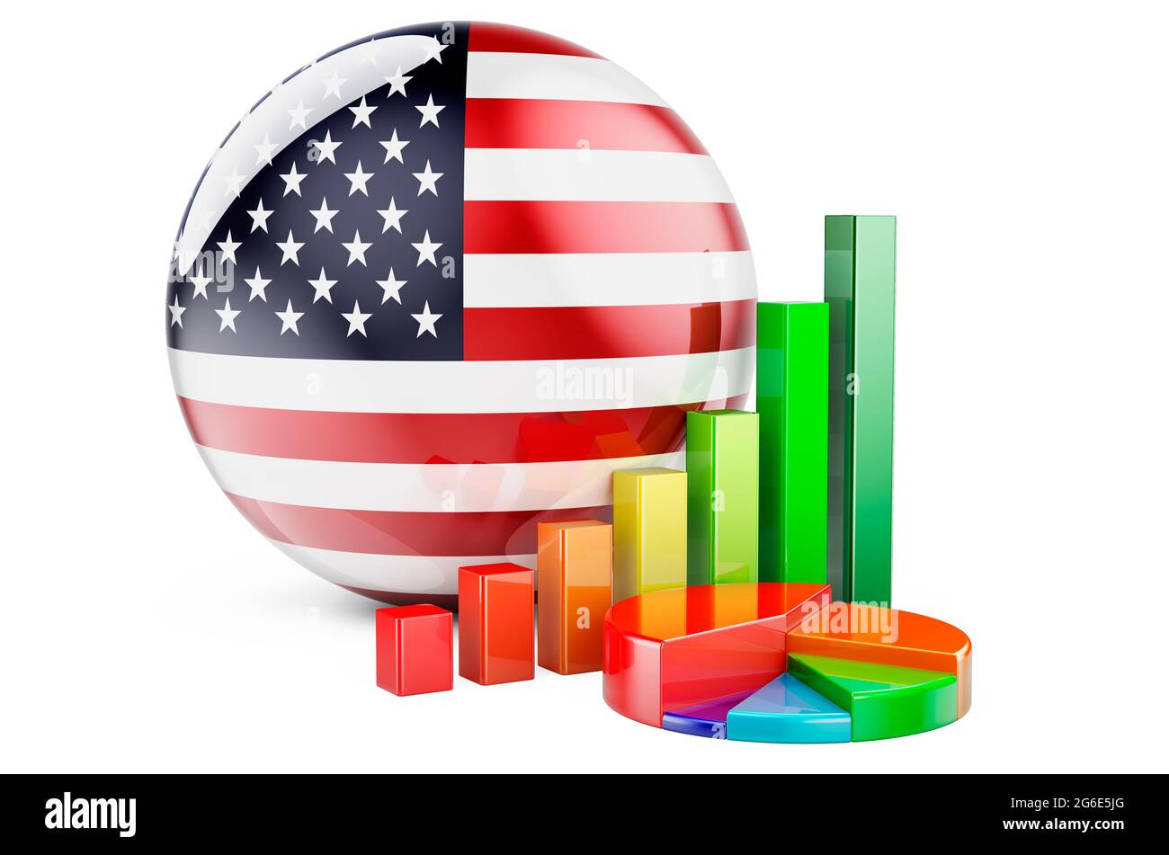 The United States flag with growth bar graph and pie chart. Business ...