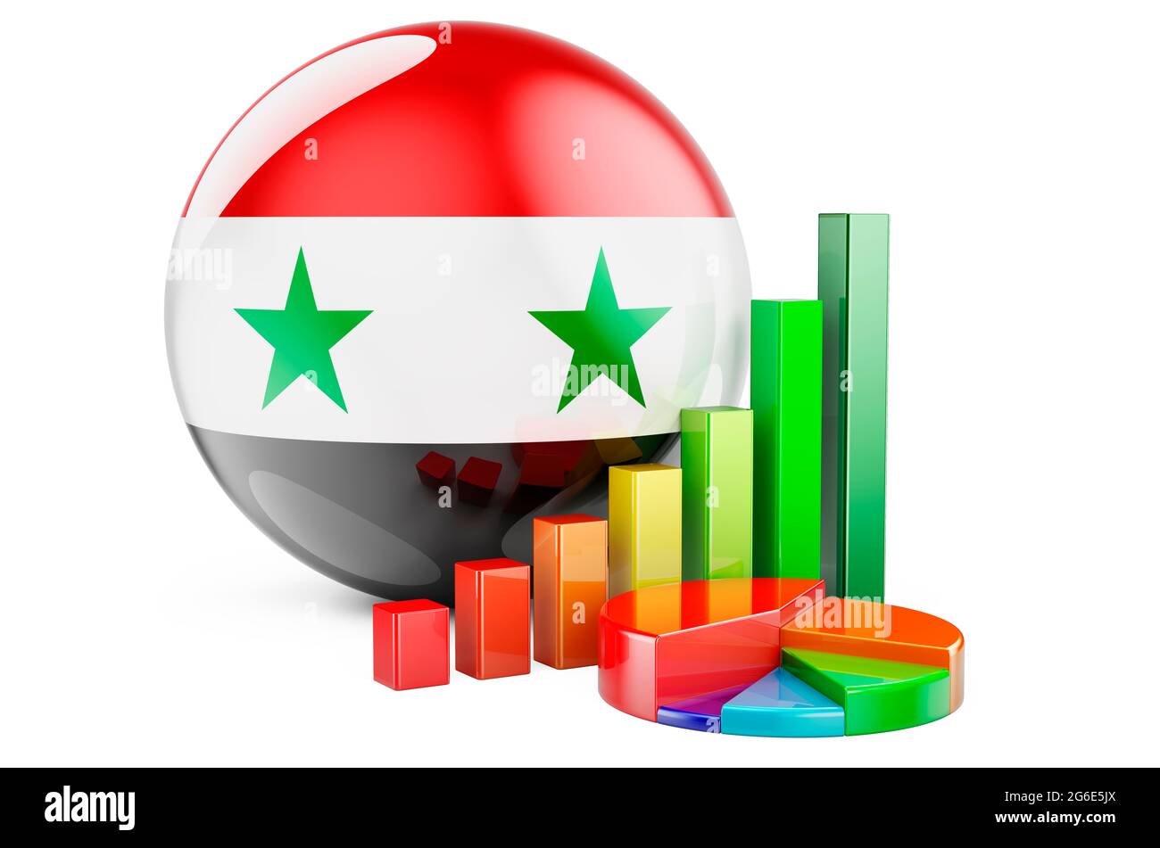 Syrian flag with growth bar graph and pie chart. Business, finance ...