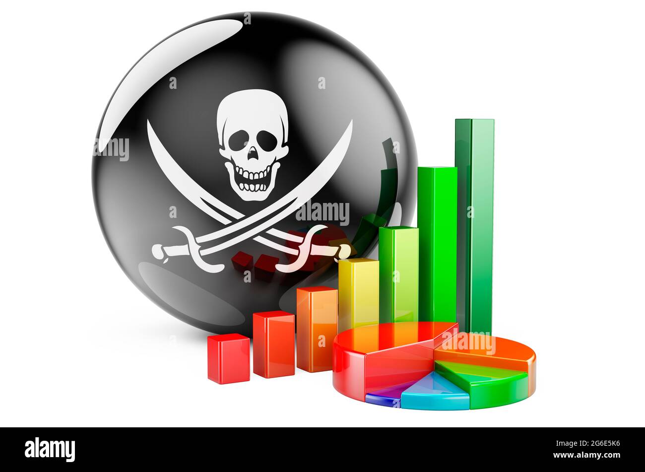 Pirate flag with growth bar graph and pie chart. 3D rendering isolated ...