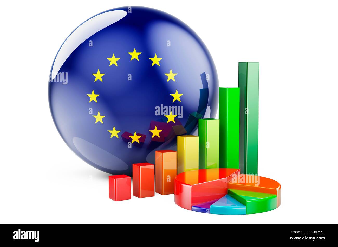 The EU flag with growth bar graph and pie chart. Business, finance ...