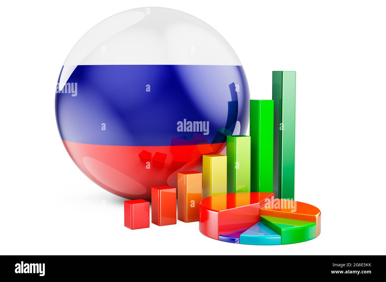 Russian flag with growth bar graph and pie chart. Business, finance ...