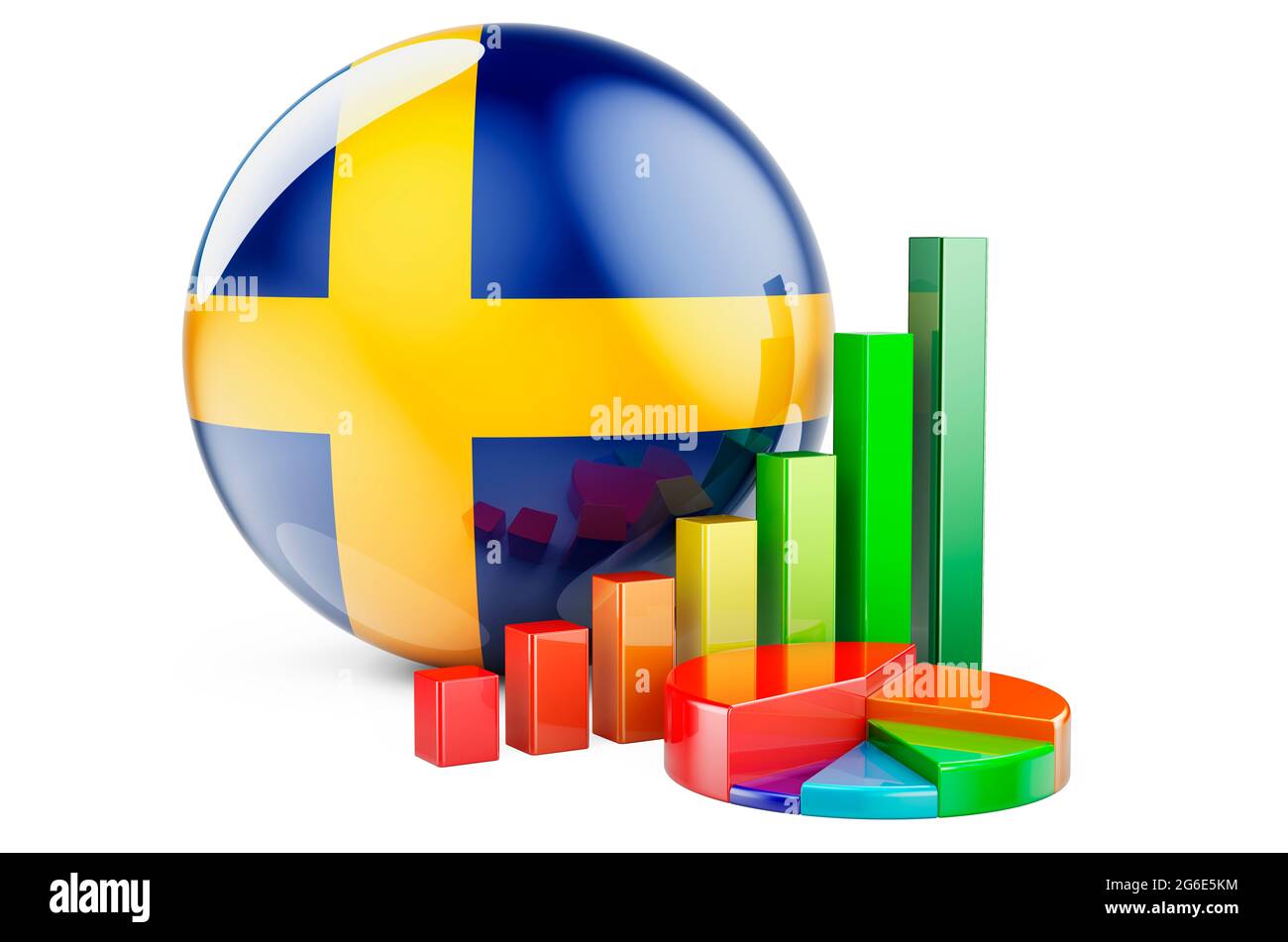 Swedish flag with growth bar graph and pie chart. Business, finance ...