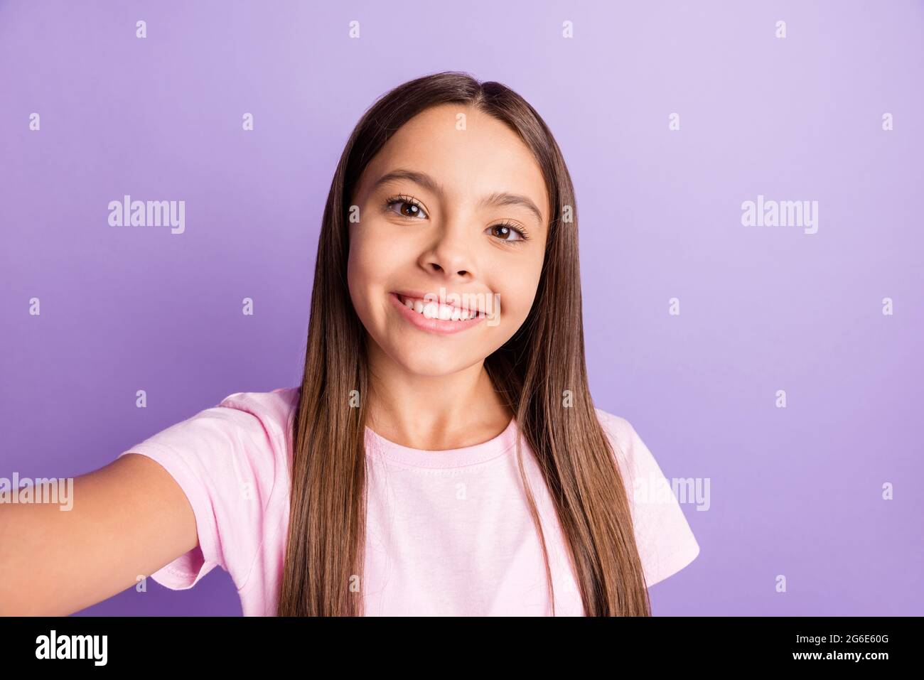 Photo of optimistic nice brunette girl do selfie wear t-shirt isolated ...