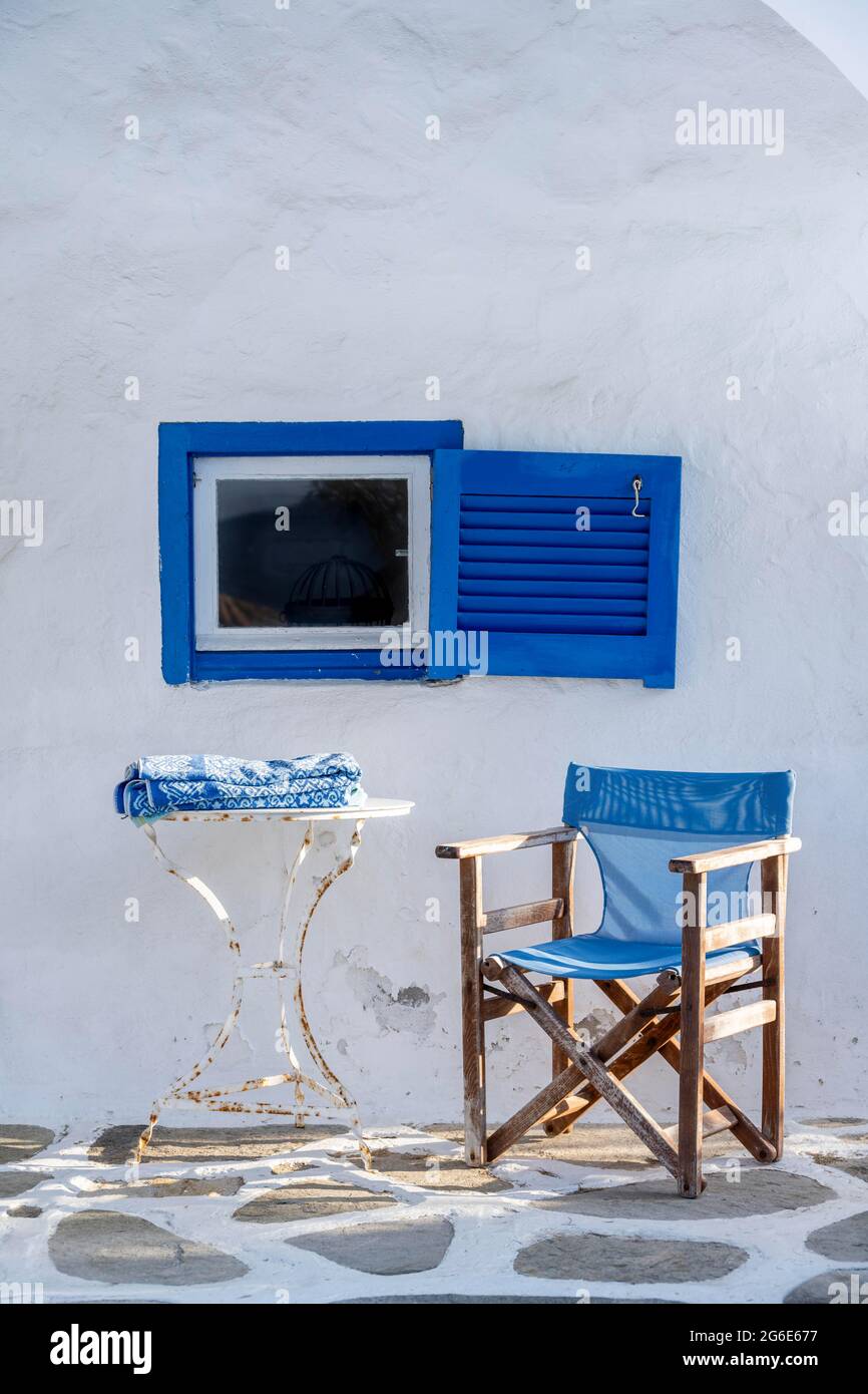 Cycladic house, Blue window and blue chair, Paros, Cyclades, Greece ...