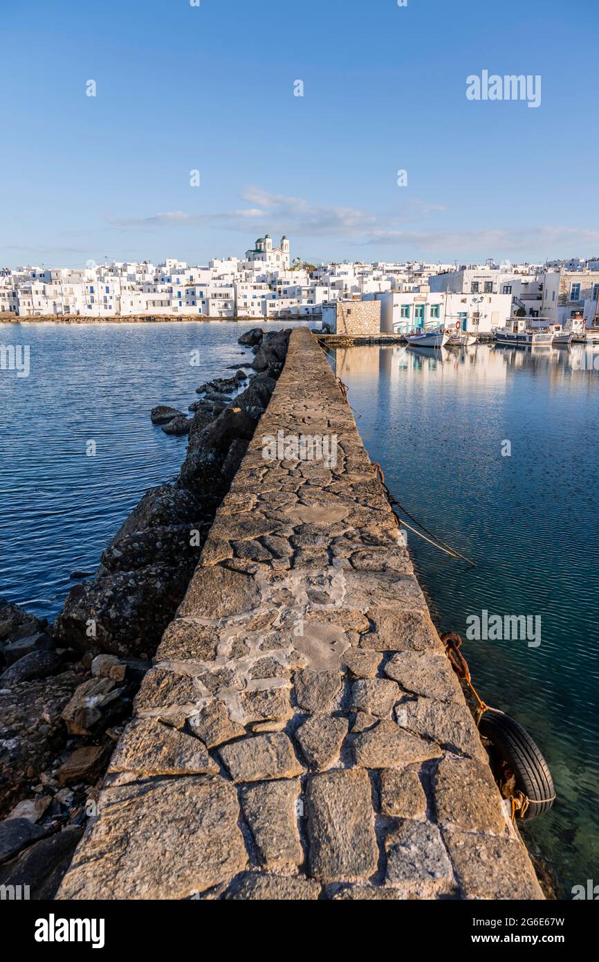 Harbour wall, Naoussa harbour town, Paros island, Cyclades, Greece ...