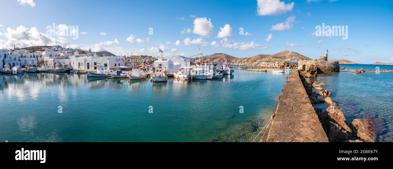 Harbour town Naoussa, old harbour with Venetian ruins, Paros Island ...