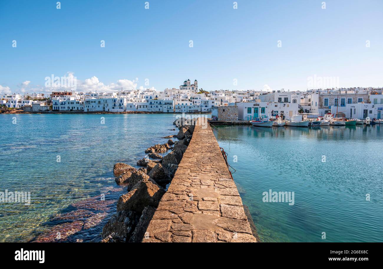 Naoussa, small harbour town, Paros Island, Cyclades, Greece Stock Photo ...