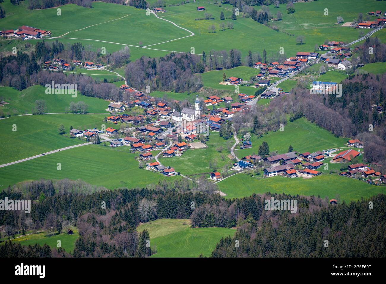 Bird's eye view of a small village, Elbach, Fischbachau, county ...