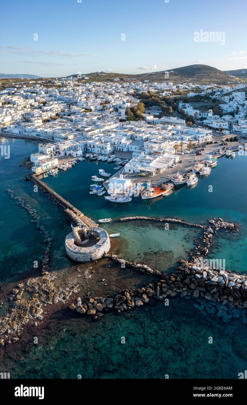 Aerial view, town view and harbour of Naoussa, harbour wall with ...