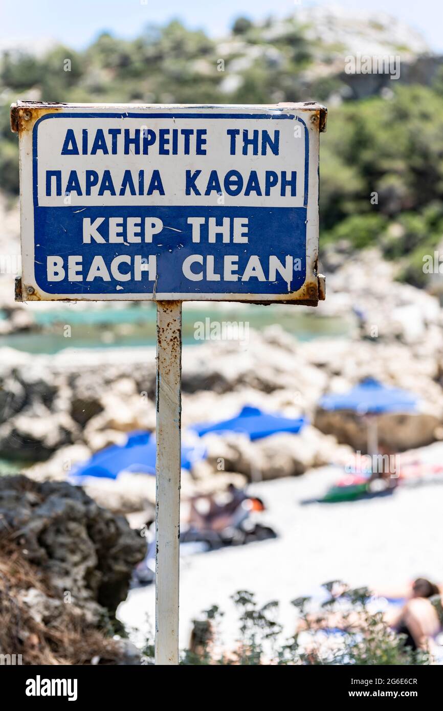 Sign, Please keep the beach clean, Keep the beach clean, Rhodes, Greece ...