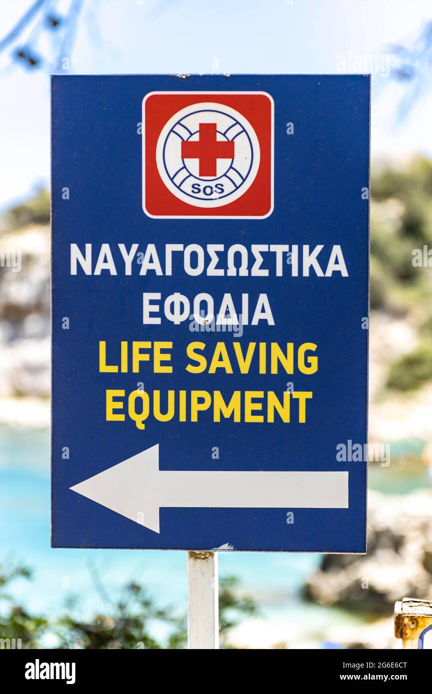 Sign for Life Saving Equipment on a beach, Rhodes, Greece Stock Photo ...