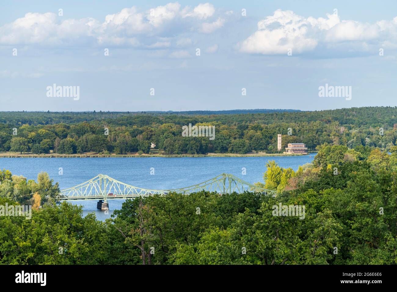 View from Flatow Tower to Glienicke Bridge and Heiland Church Sacrow ...