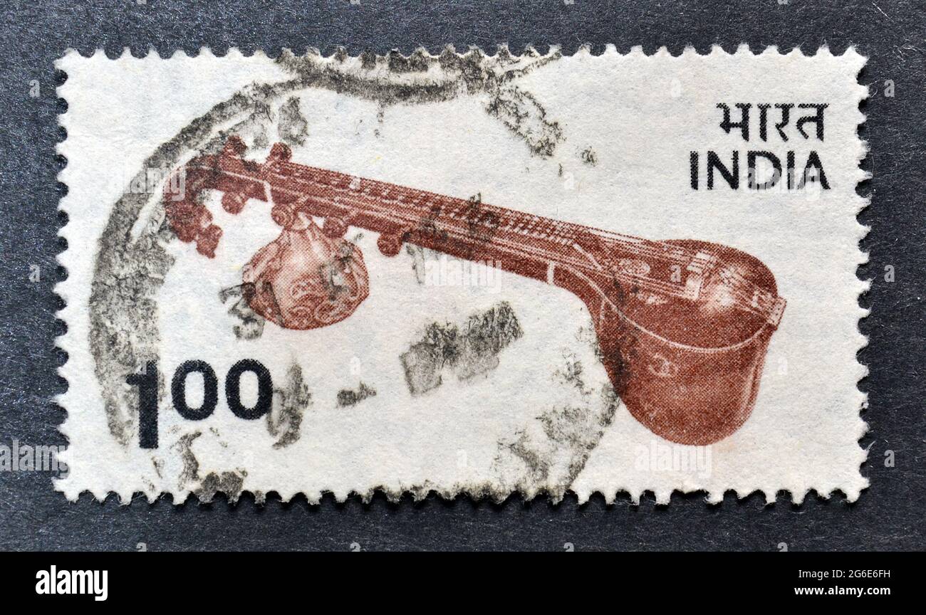 Cancelled postage stamp printed by India, that shows a music instrument ...