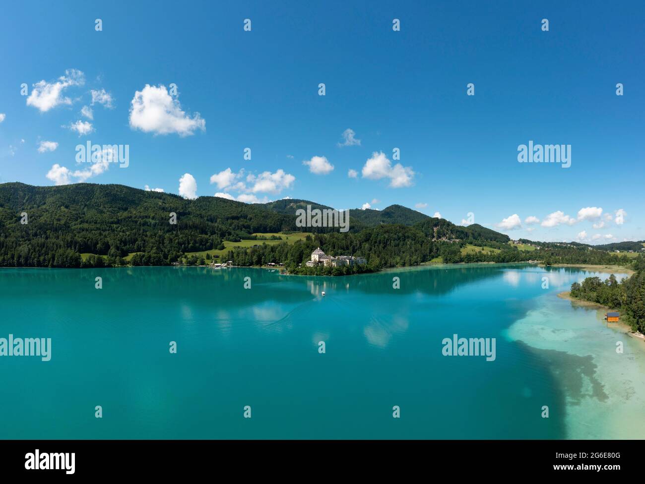 Drone shot, Fuschlsee with Fuschl Castle, Salzkammergut, Land Salzburg ...
