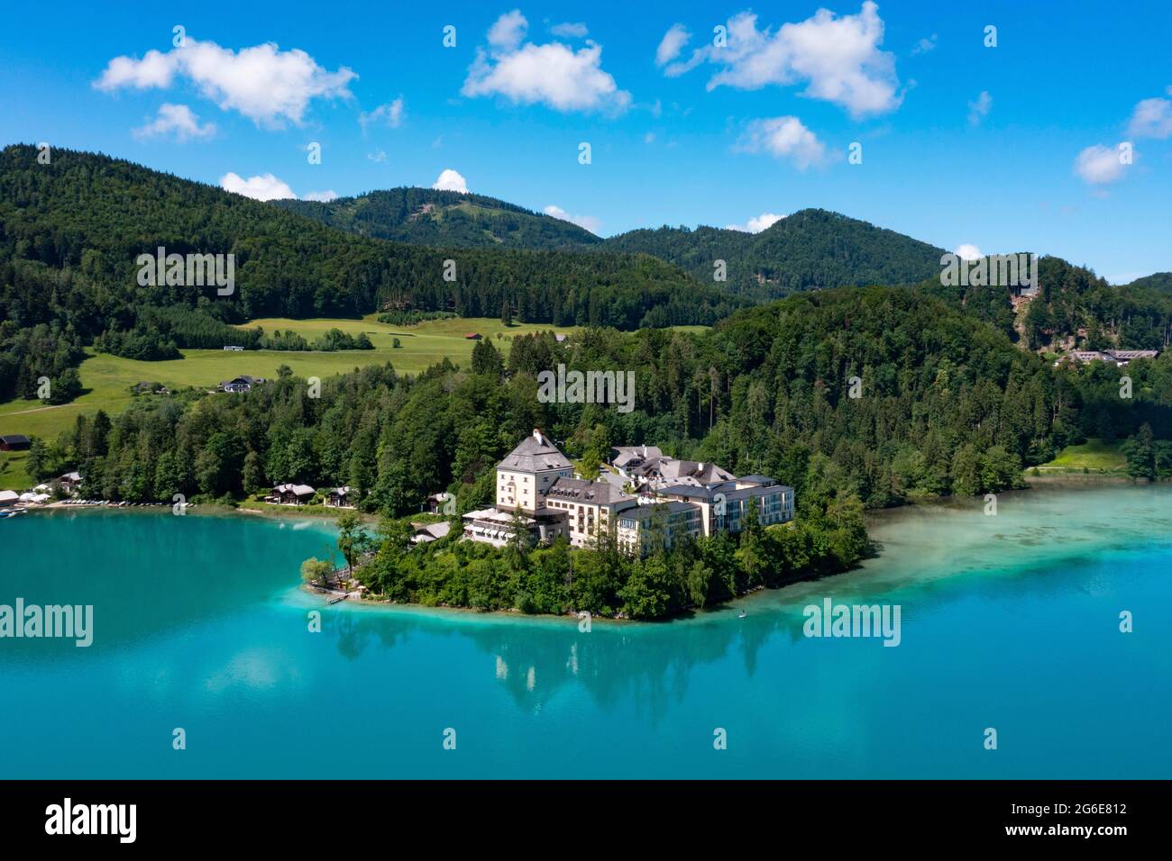 Drone shot, Fuschlsee with Fuschl Castle, Salzkammergut, Land Salzburg ...