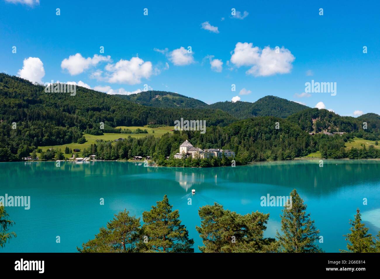 Drone shot, Fuschlsee with Fuschl Castle, Salzkammergut, Land Salzburg ...
