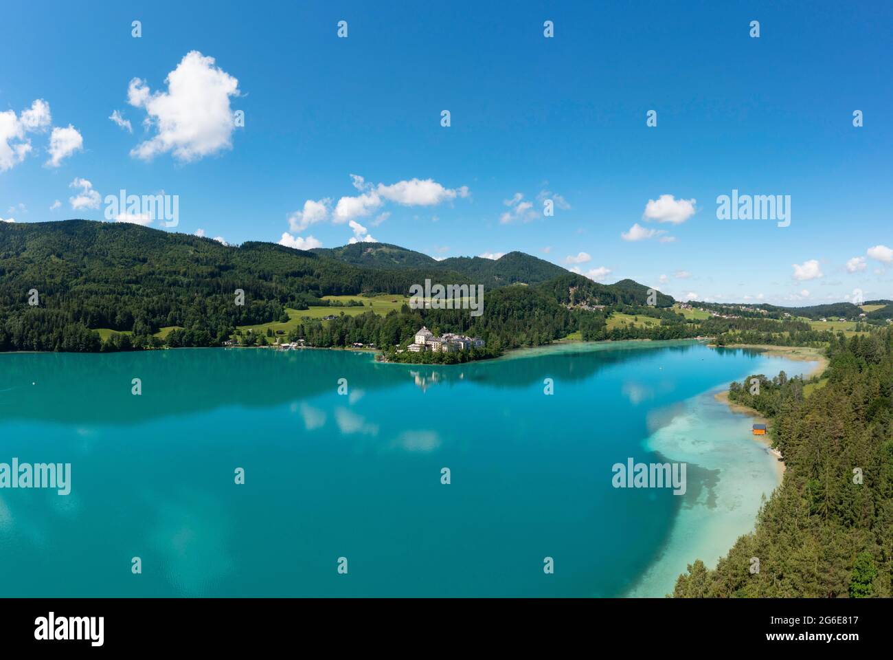 Drone shot, Fuschlsee with Fuschl Castle, Salzkammergut, Land Salzburg ...