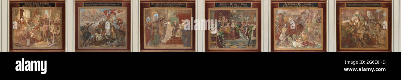 Six of sixteen murals: The Wittelsbach Cycle, painted in 1829 by Peter ...