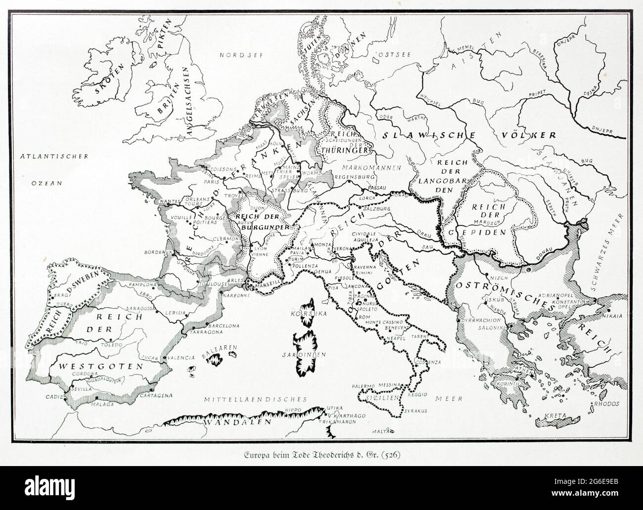 Ancient map of Europe at the death of Theoderic the Great, 526 AD Stock ...