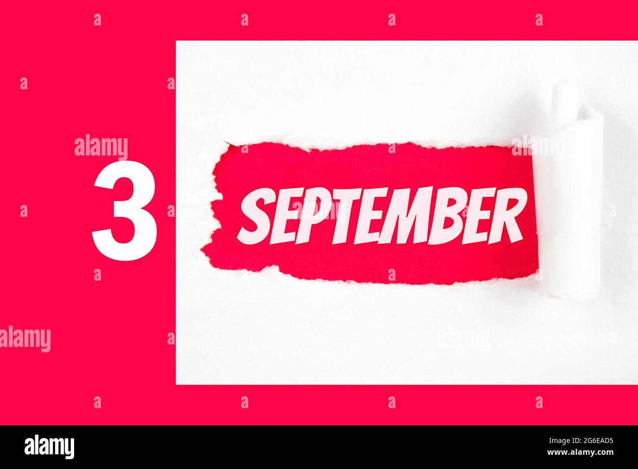 September 3rd. Day 3 of month, Calendar date. Red Hole in the white ...