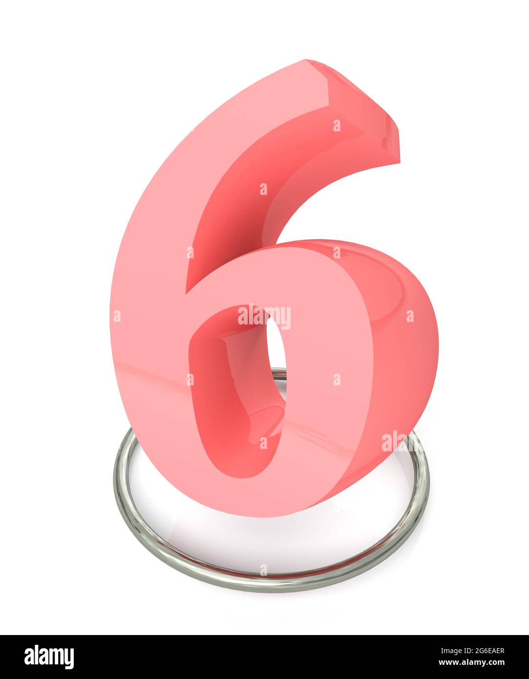 Number 6 pink over metallic circle on white background - 3D rendering ...