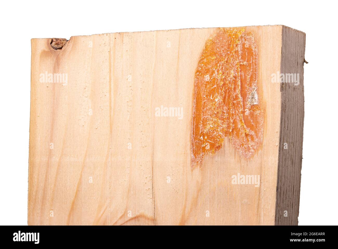 A pine board with a visible spot of resin. A place in wood with an ...