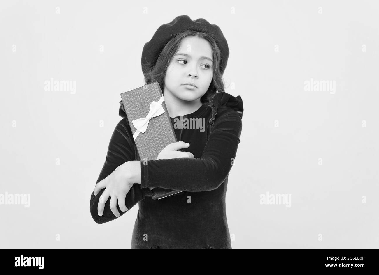sad child hold present box on her birthday holiday celebration, boxing ...