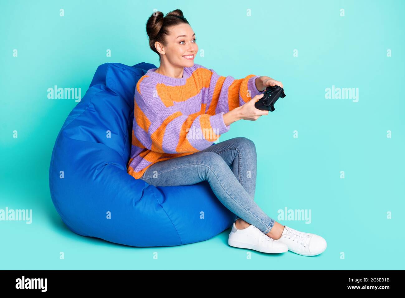 Full size profile photo of optimistic nice brunette lady playstation ...