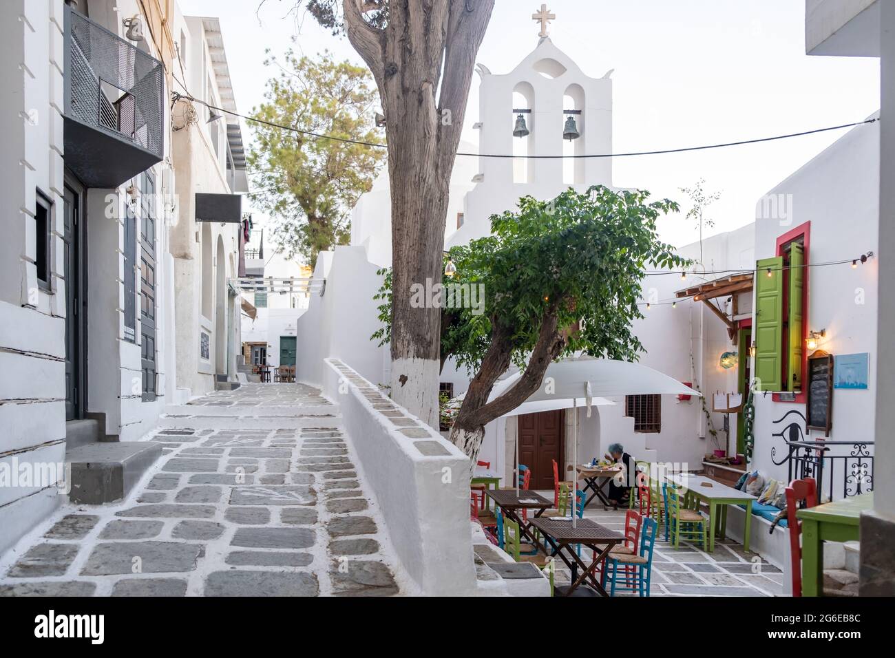 Cafe tavern restaurant next to church at Chora Ios, Nios island ...