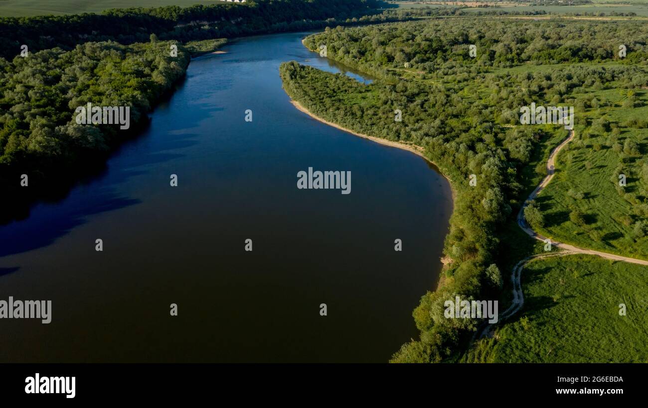 Stunning top view of the sinuous Dniester River. Summer landscape of ...