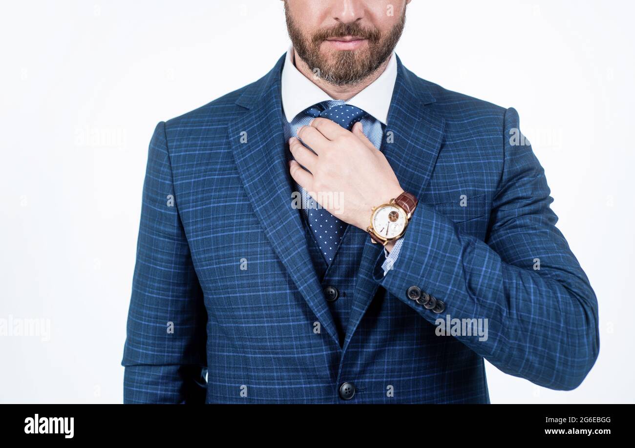 being punctual. cropped guy isolated on white. confident male boss with ...